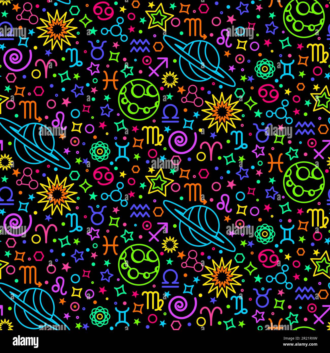 Astrological zodiac signs neon seamless pattern with main icons planets ...