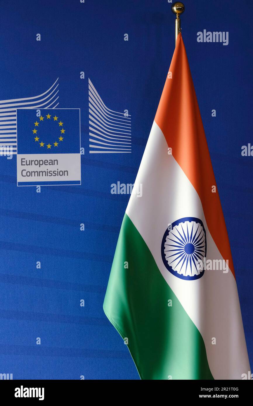 Brussels, Belgium. 16th May, 2023. EU and India flags EU headquarters ...