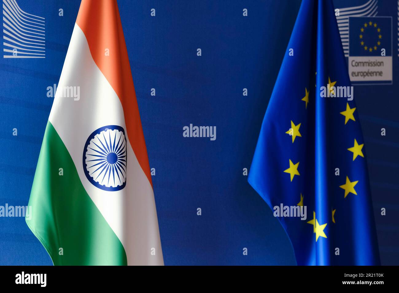 Brussels, Belgium. 16th May, 2023. EU and India flags EU headquarters ...