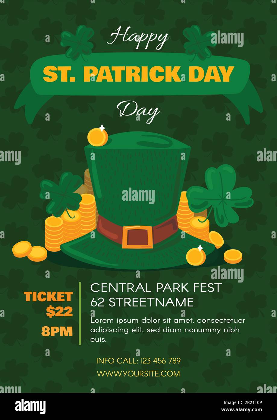 St. Patrick day poster in green gold colors with top hat leprechaun and ...