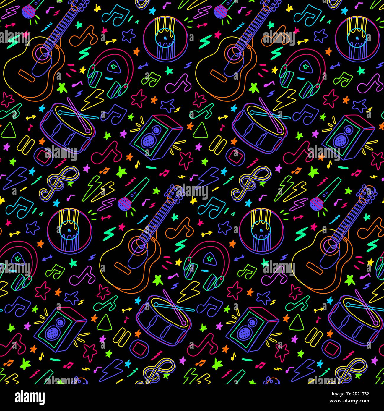 Musical instrumental concert neon seamless pattern with rock and ...