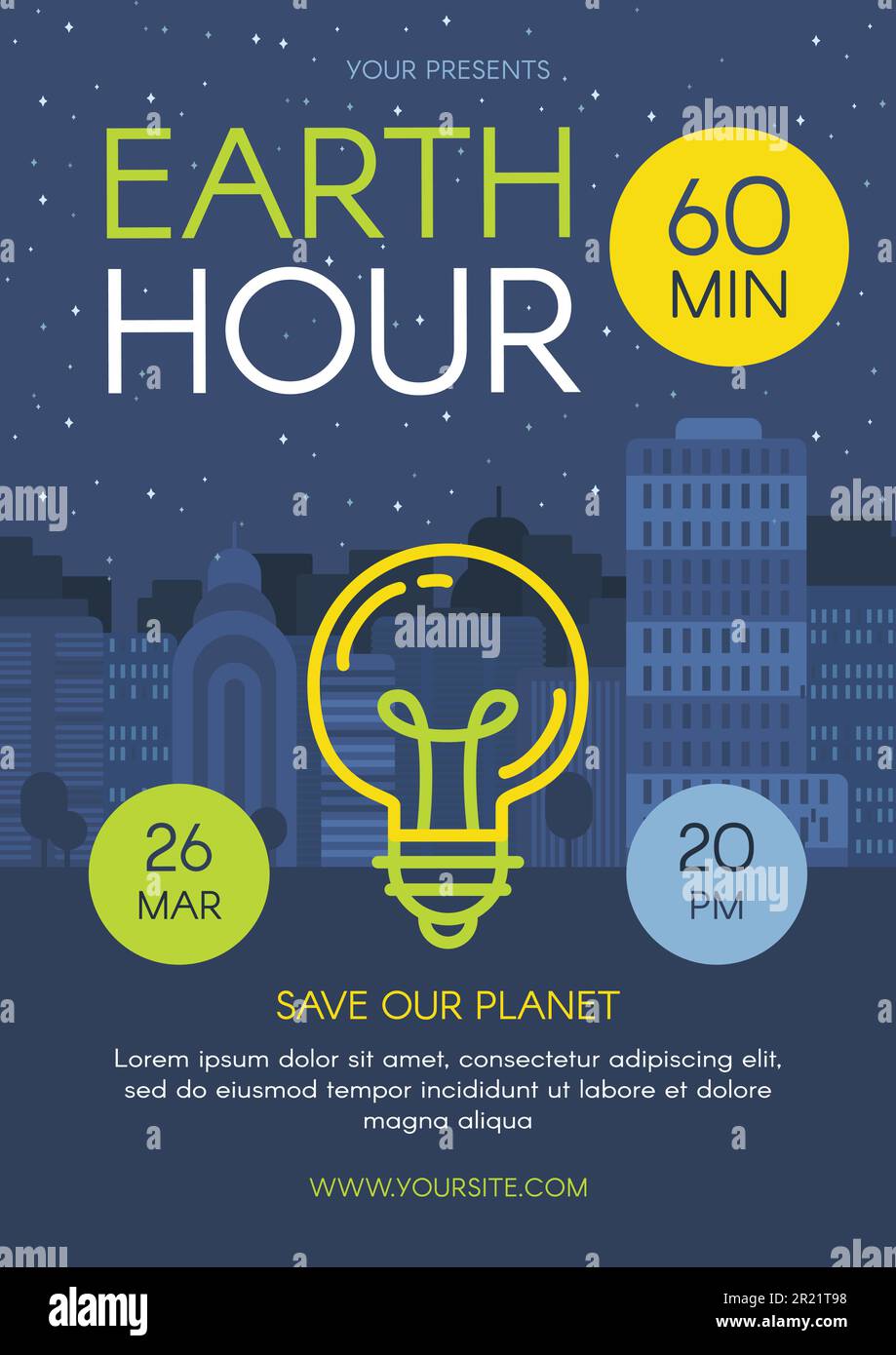 Earth Hour day poster with silhouette of night city against background ...