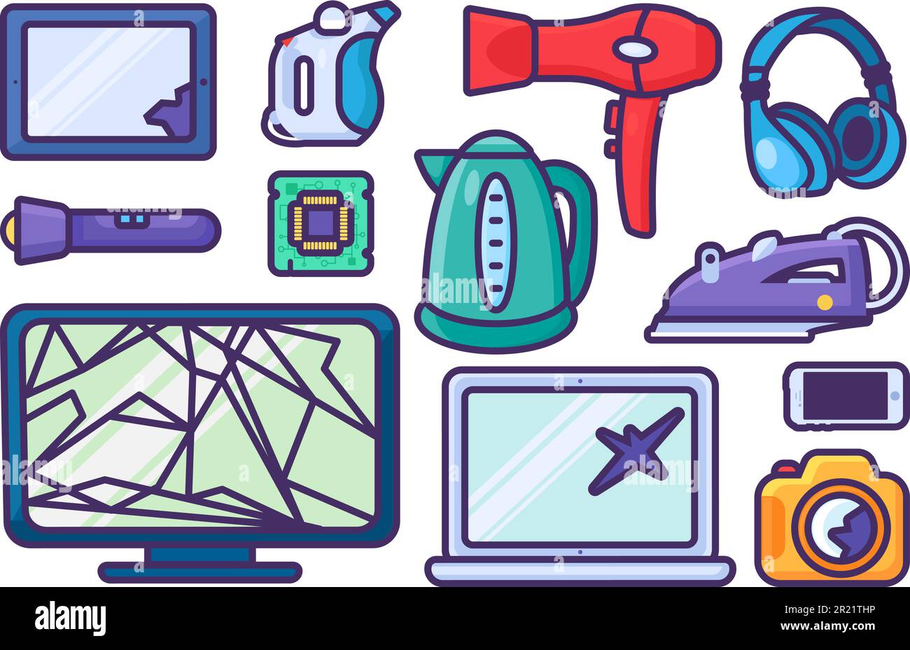 Set of broken electronic home devices. Devices out of use and subject ...