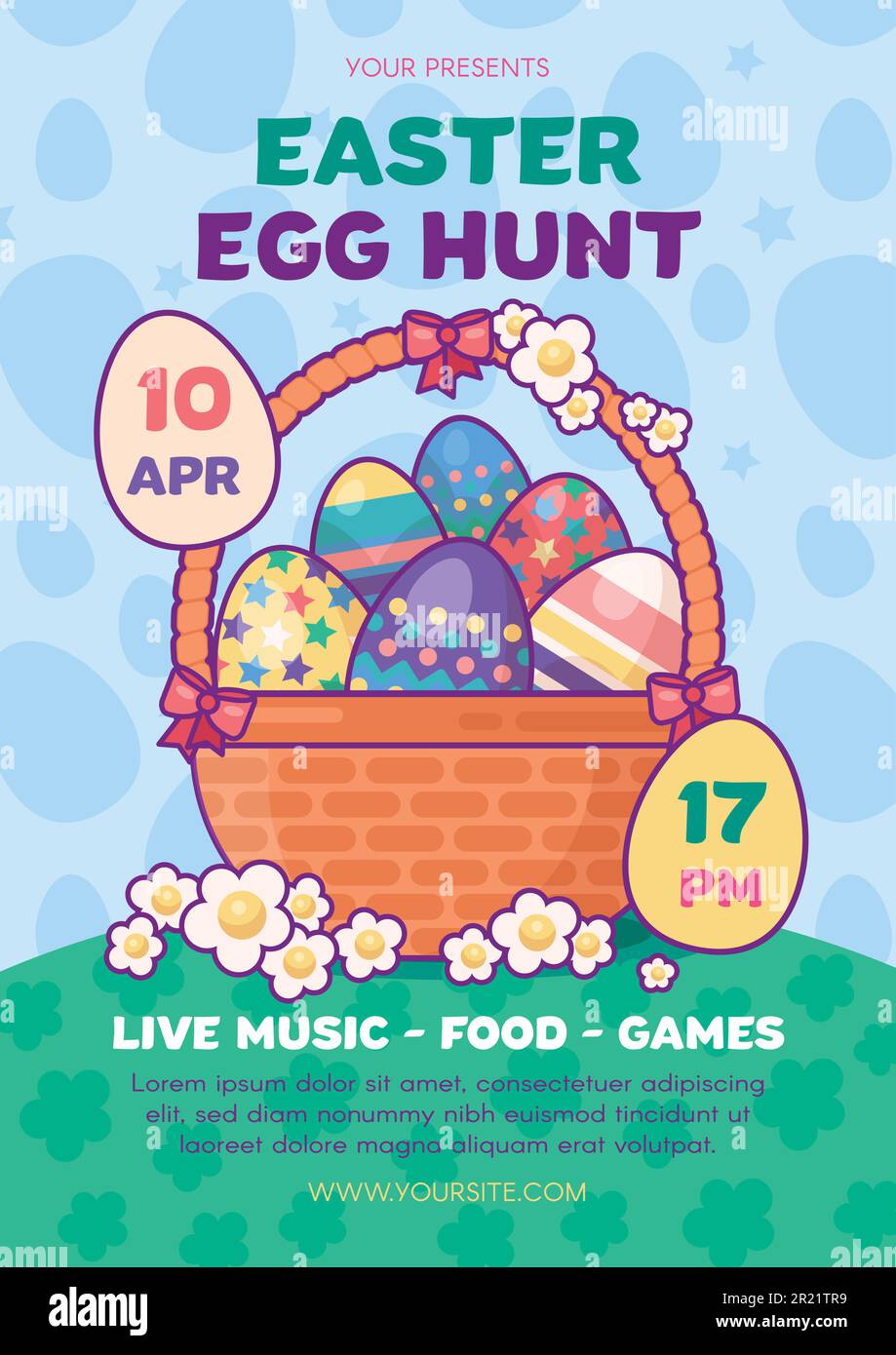 Happy Easter event poster with chicken ornate eggs and basket. Template ...