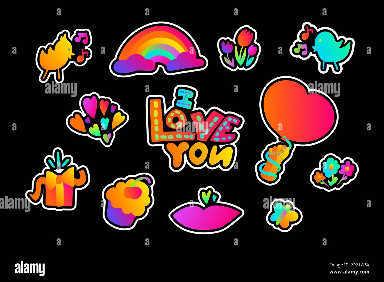 Declarative gradient festive Stickers with neon bright on dark black ...