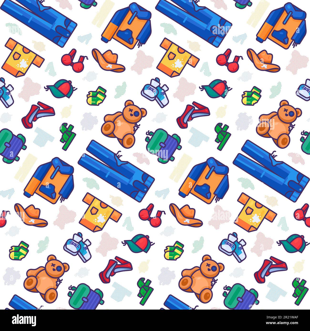 Worn, holey unwanted textile objects seamless pattern with clothing ...