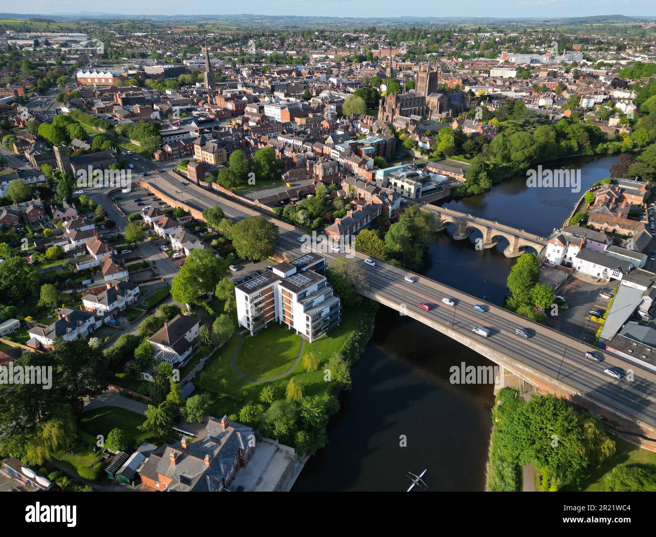 Aerial view of Hereford city Herefordshire UK showing A49 bridge ...
