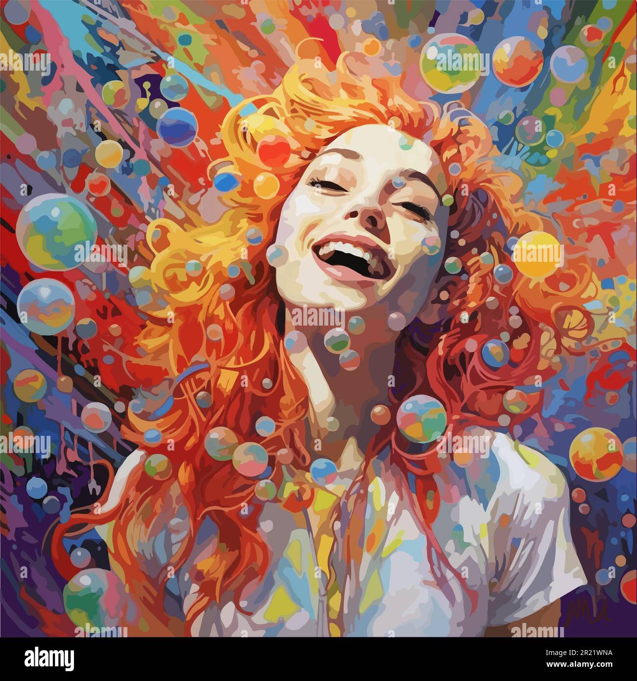White red haired woman smiling in sea of rainbow coloured bubbles ...