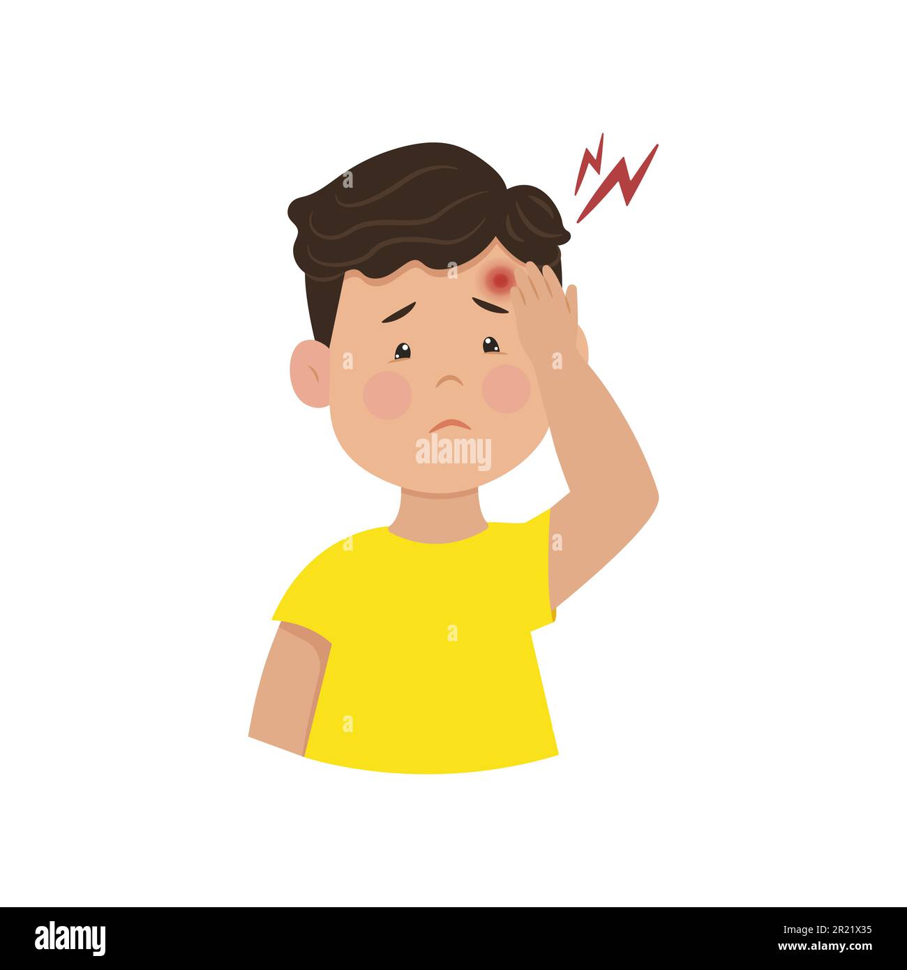 Headache in children. Upset boy holding his head. Childrens migraine ...
