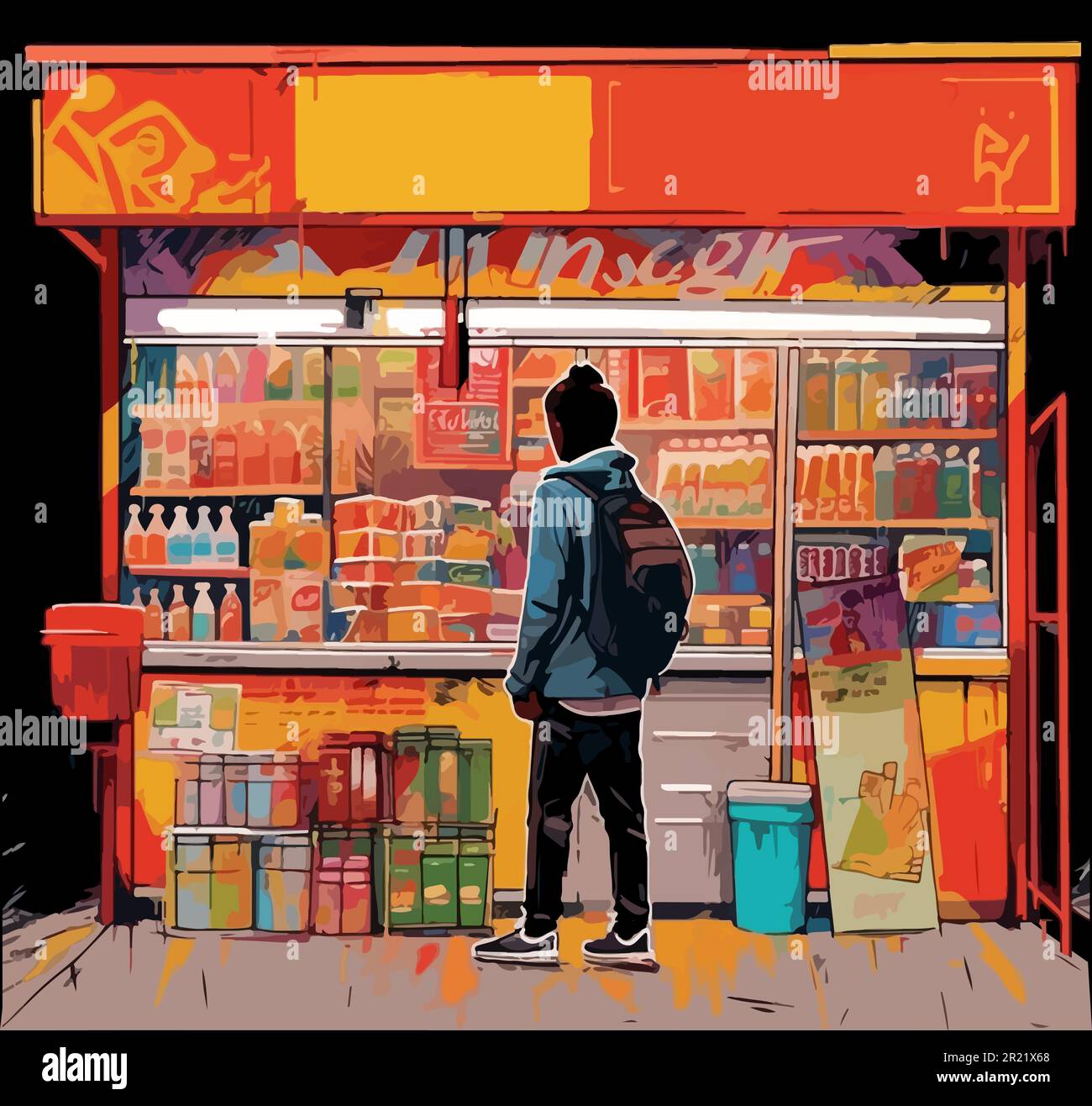 Illustration of an inner city grocery store, bodega, male figure Stock ...