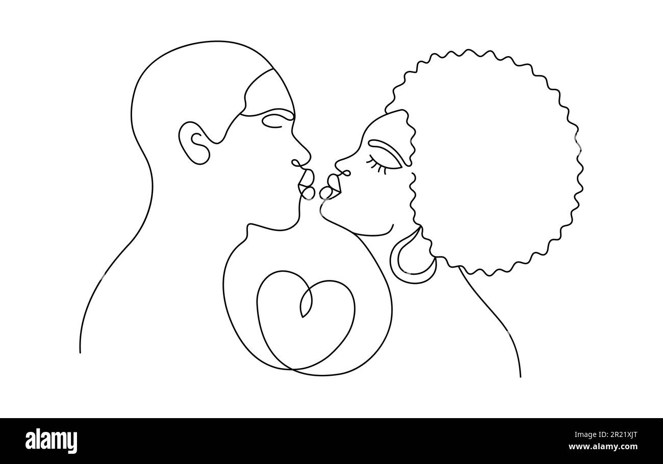 Abstract Afro couple in a modern abstract minimalist one line style ...