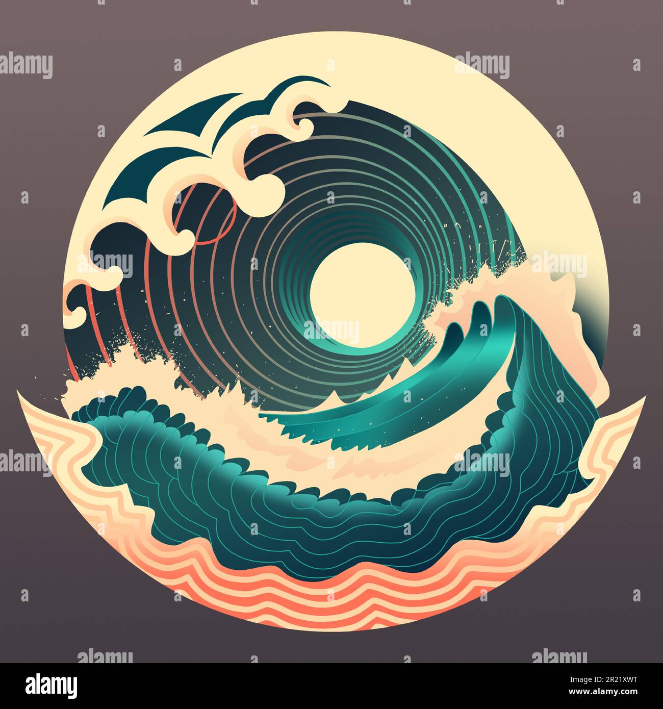 Stylized waves with spray in a circle. Beach with waves pattern ...