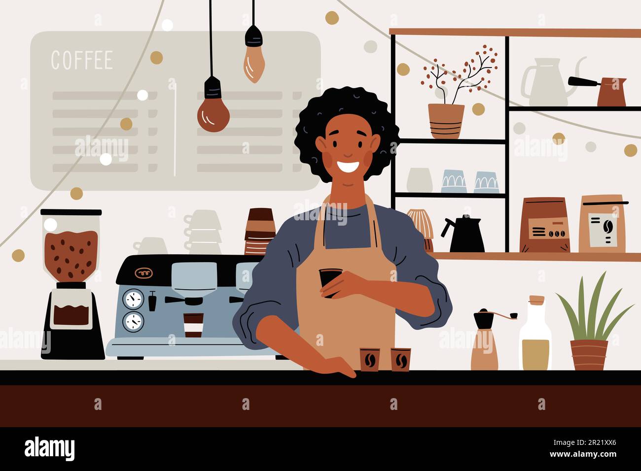Barista works. Smiling professional worker at bar counter. Happy girl ...
