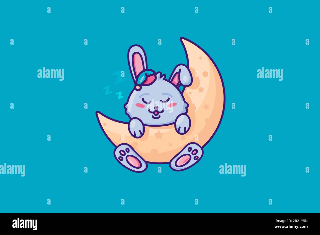 Little cute rabbit in sleep cap sleeps sweetly in crescent moon bed ...