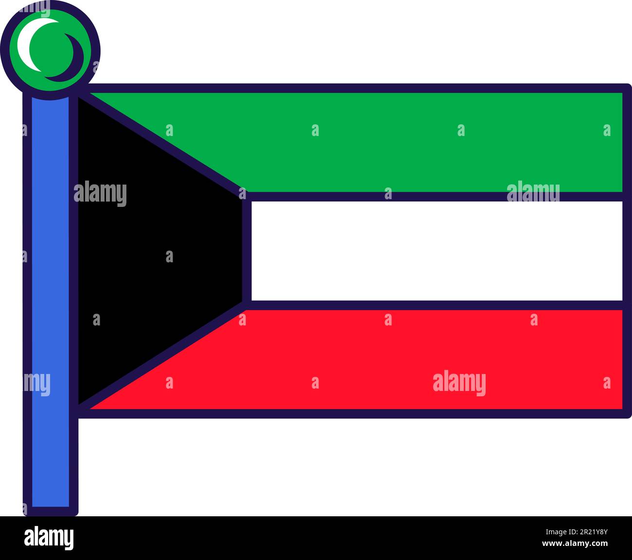 Kuwait Persian Country Flag On Flagstaff Vector Horizontal Triband Of