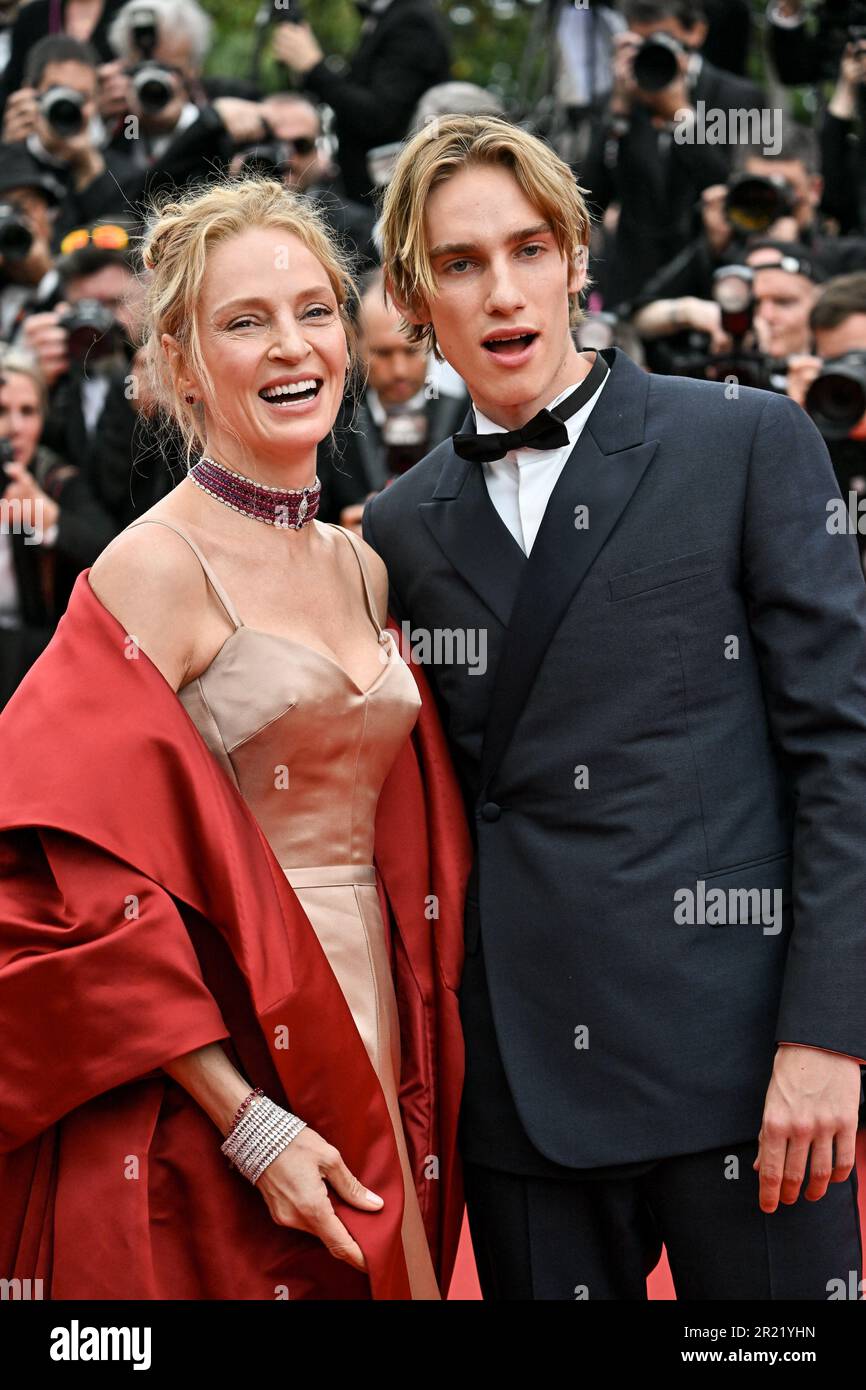 Cannes, France. 16th May, 2023. Uma Thurman, Levon Roan Thurman Hawke attending the opening ...