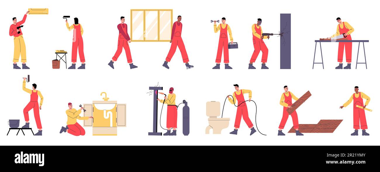 House renovation cartoon workers. People in workwear paint walls and ...