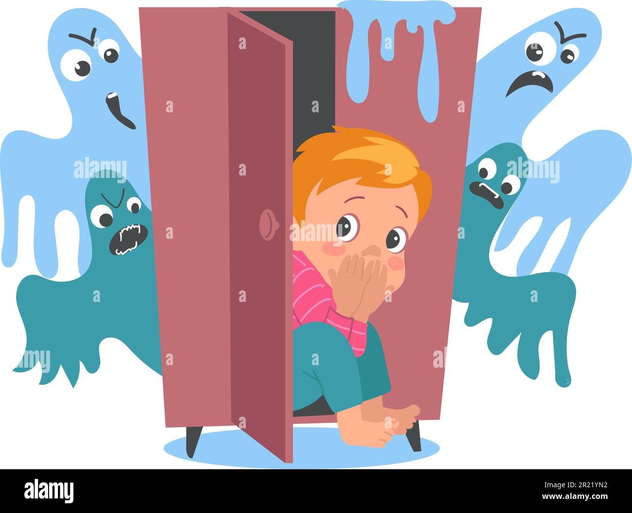 Kids fear. Frightened boy afraid of ghost. Children phobia. Phantom in ...
