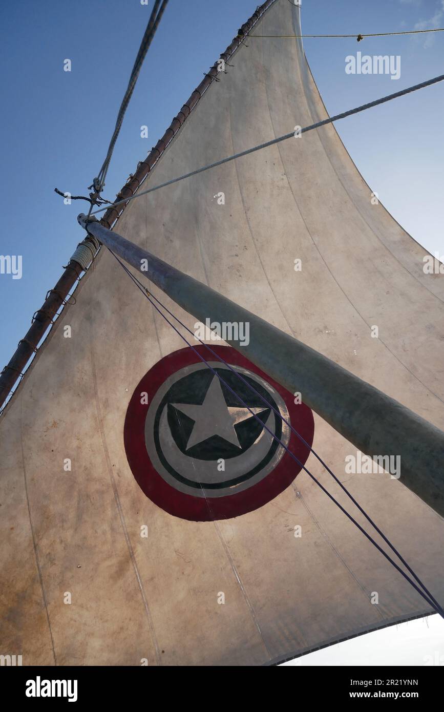 Close up of a traditional dhow sail with crescent and star Stock Photo ...