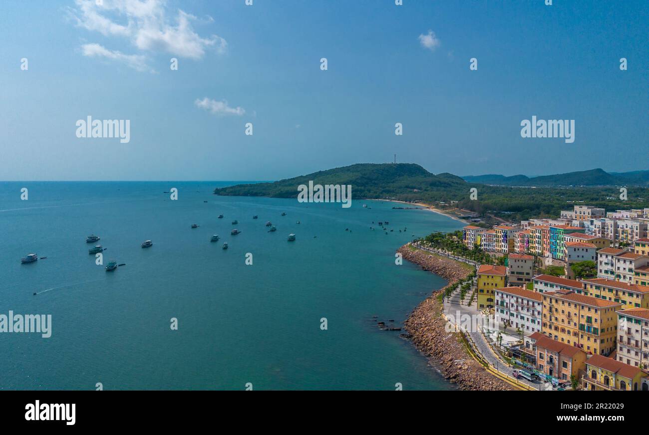 Aerial view of Sunset ghost town in Phu Quoc island, Vietnam. Fast ...