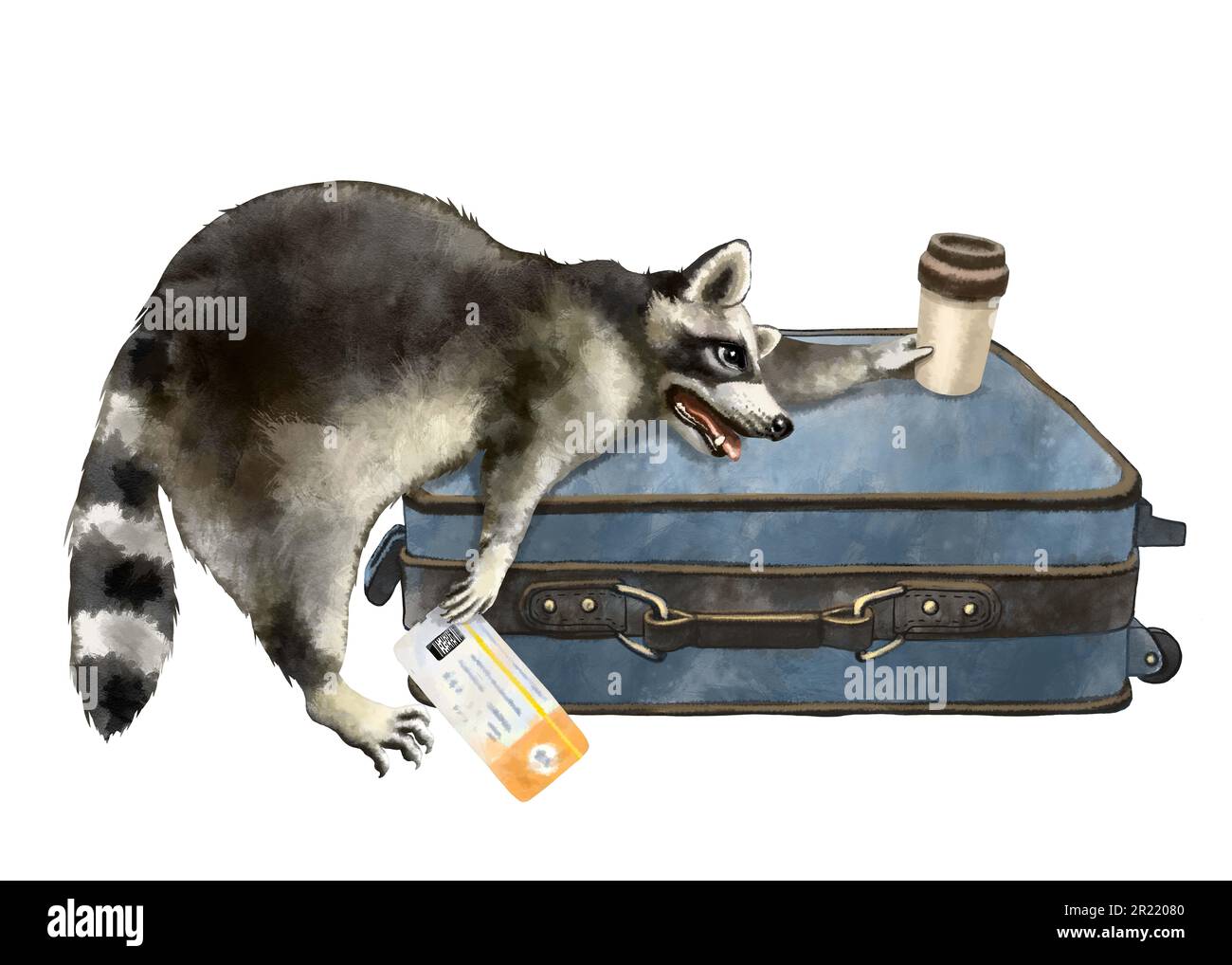 Color illustration of a funny raccoon. Traveling with luggage. Air ...