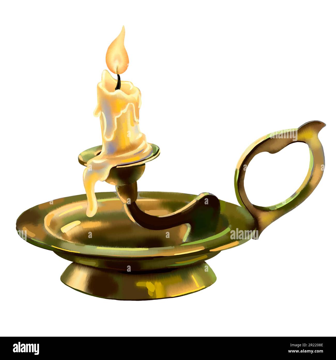Color illustration of an antique copper candlestick with a burning ...