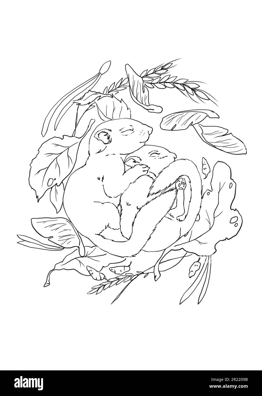 Illustration of sleeping chipmunks. Two baby chipmunks sleep in a pile ...