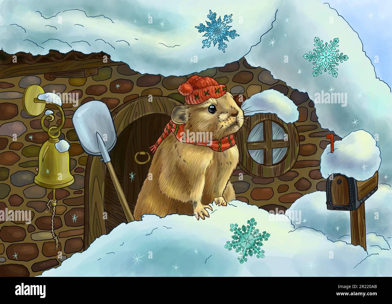 Color illustration of a mouse in a snowdrift. Book children's ...