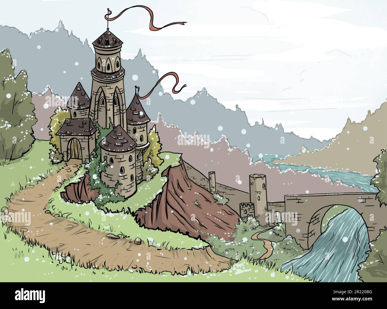 Illustration of a castle in the winter forest. Landscape with castle ...