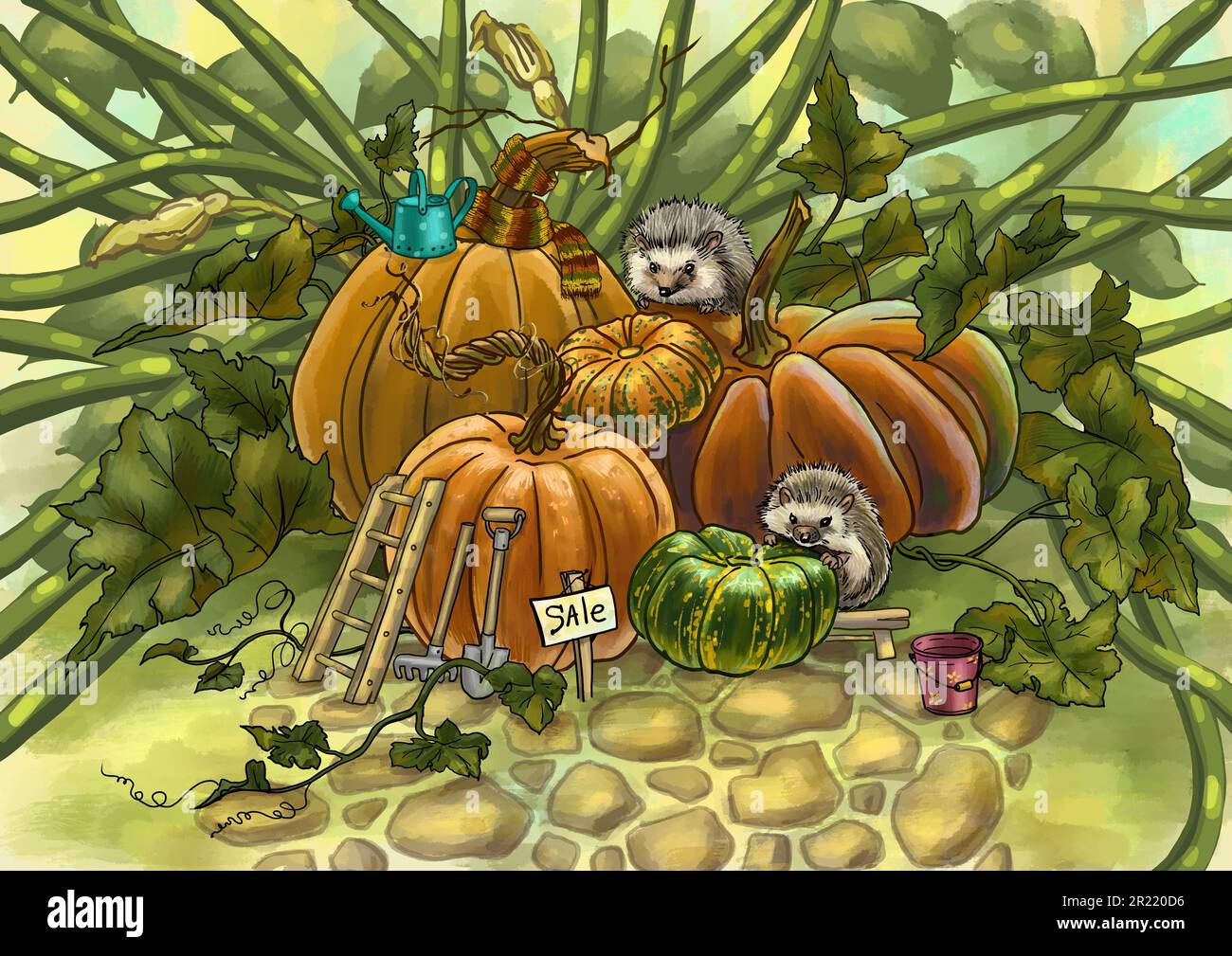 Color drawing of pumpkins and hedgehogs. Illustration for children ...