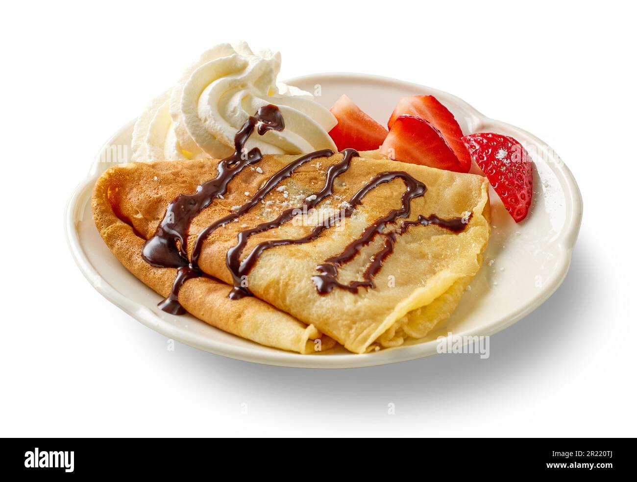 freshly baked crepe with strawberries and whipped cream isolated on ...