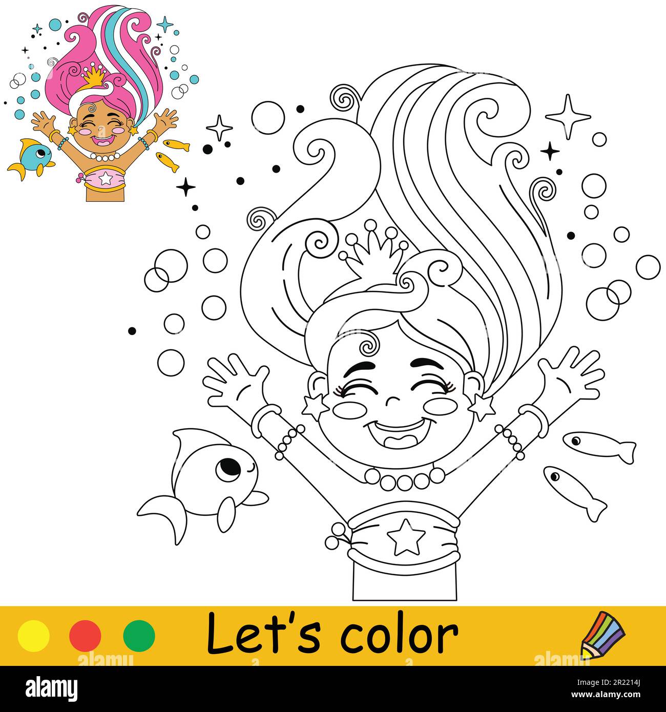 Cute happy mermaid and a fish. Vector cartoon illustration. Kids ...