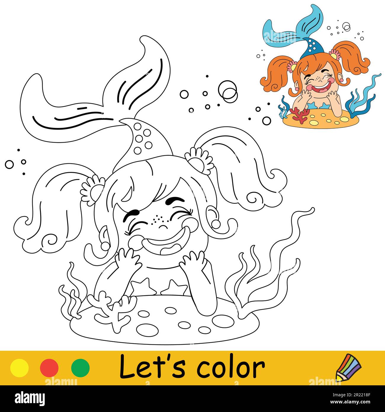 Cute and happy mermaid. Vector cartoon illustration. Kids coloring page ...