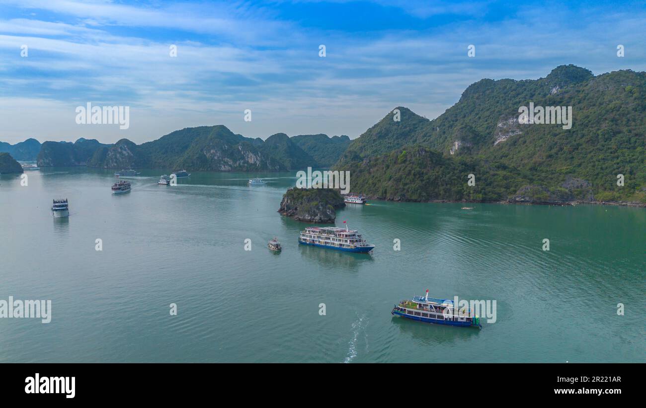 Aerial view of Ha Long bay, Vietnam on a cloudy and dark day. UNESCO ...