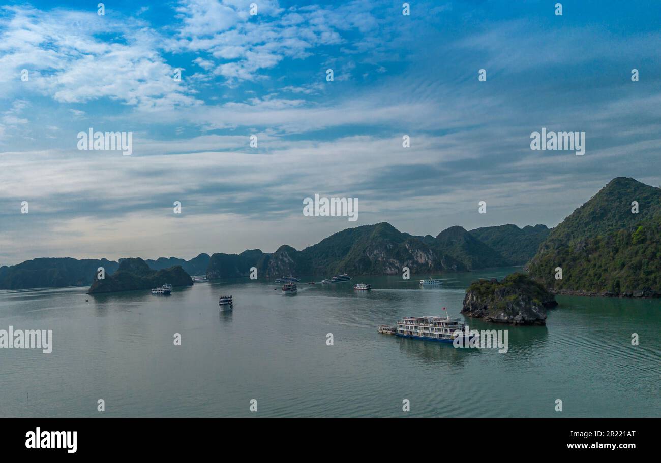 Aerial view of Ha Long bay, Vietnam on a cloudy and dark day. UNESCO ...