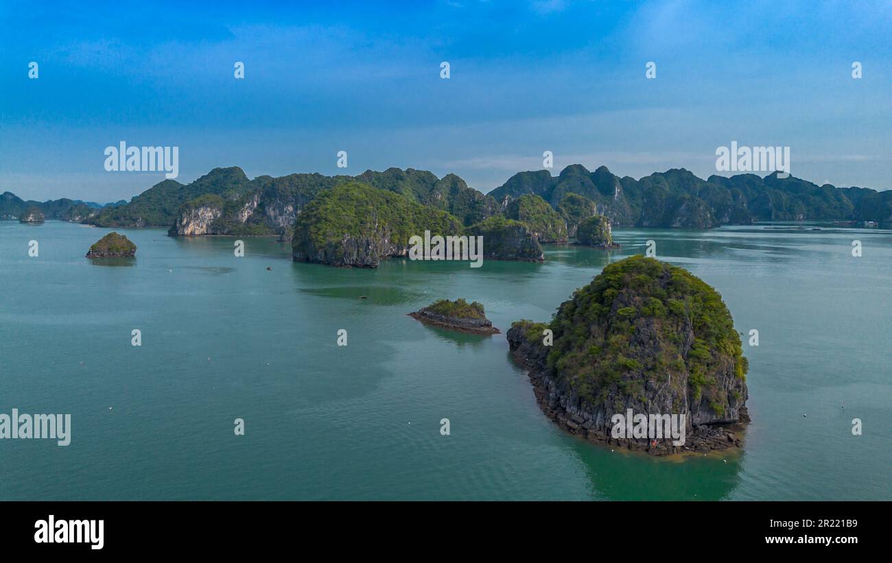 Aerial view of Ha Long bay, Vietnam on a cloudy and dark day. UNESCO ...