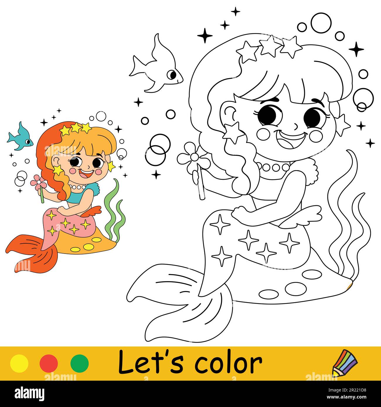 Cute happy mermaid and a fish. Vector cartoon illustration. Kids ...