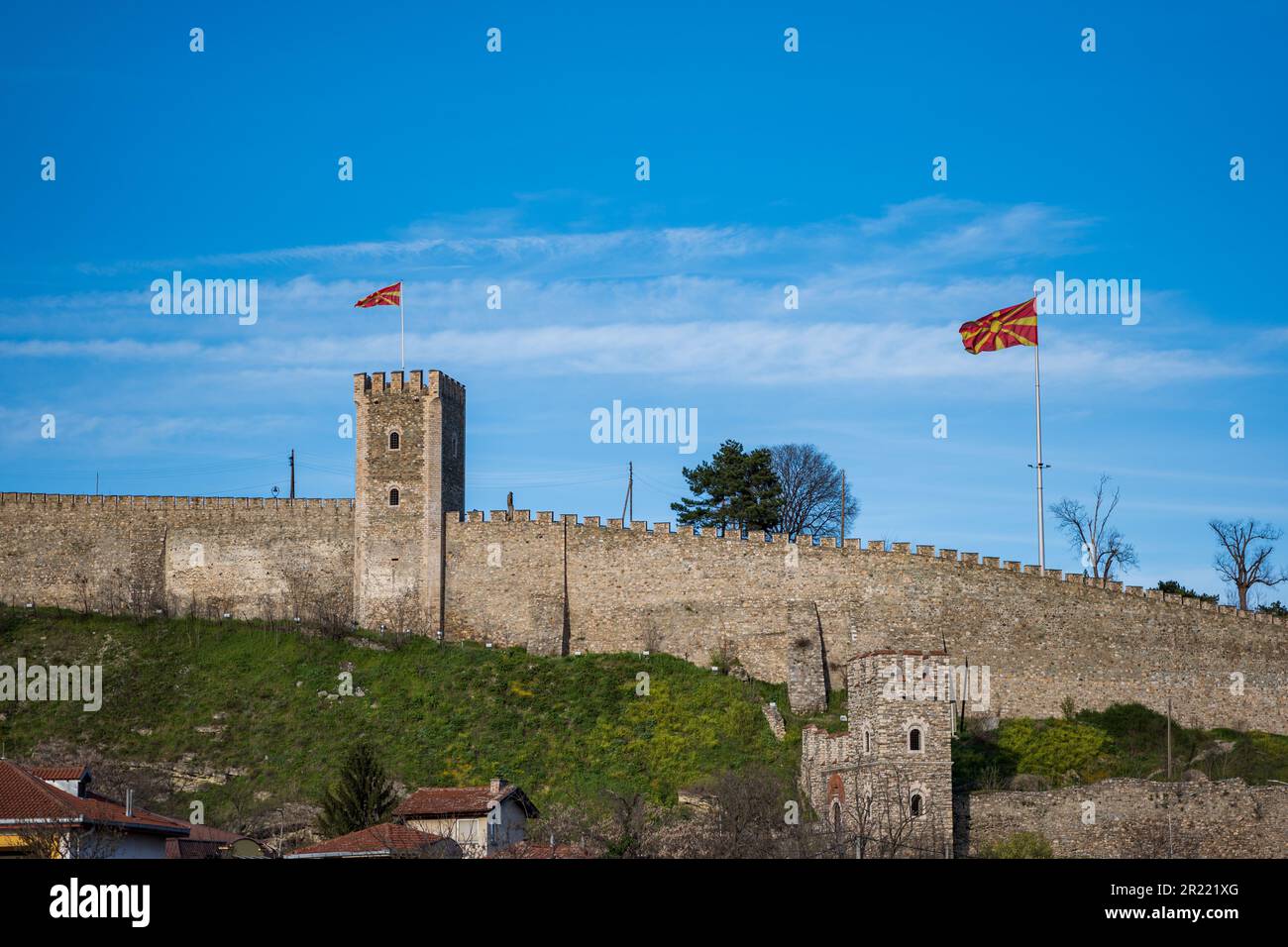Fortification walls of Kale fortress and Macedonian national flag in ...