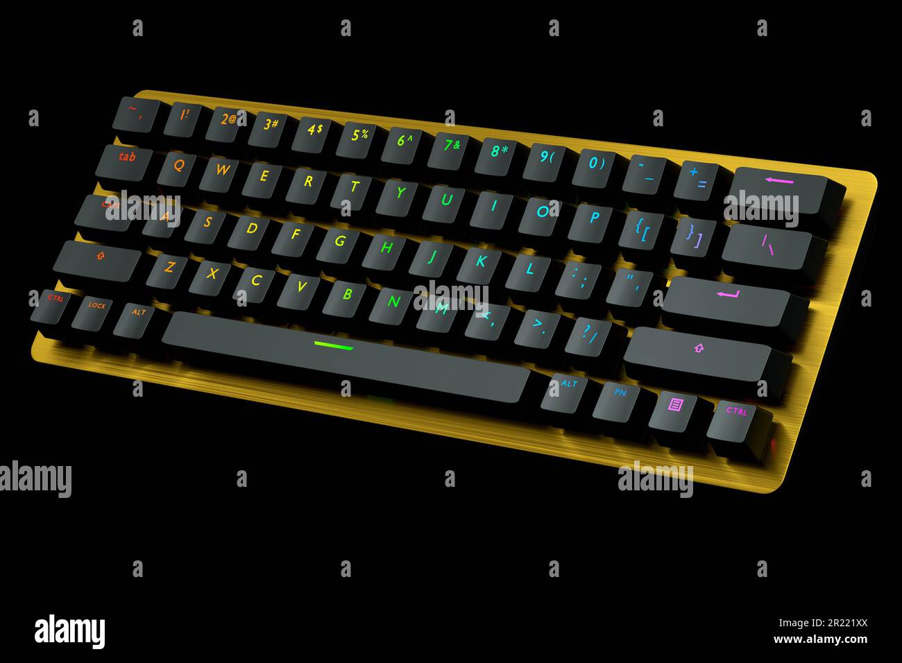 Yellow computer keyboard with rgb colors isolated on black background ...