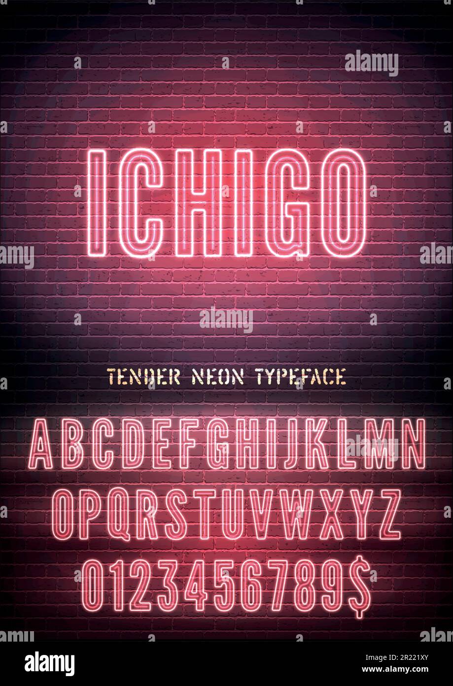 Narrow strawberry neon font with numbers on dark brick wall background ...