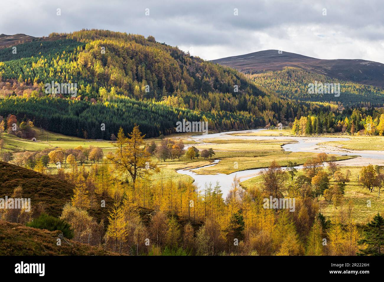 Scottish landscape in autumn, several forests and a river form the ...