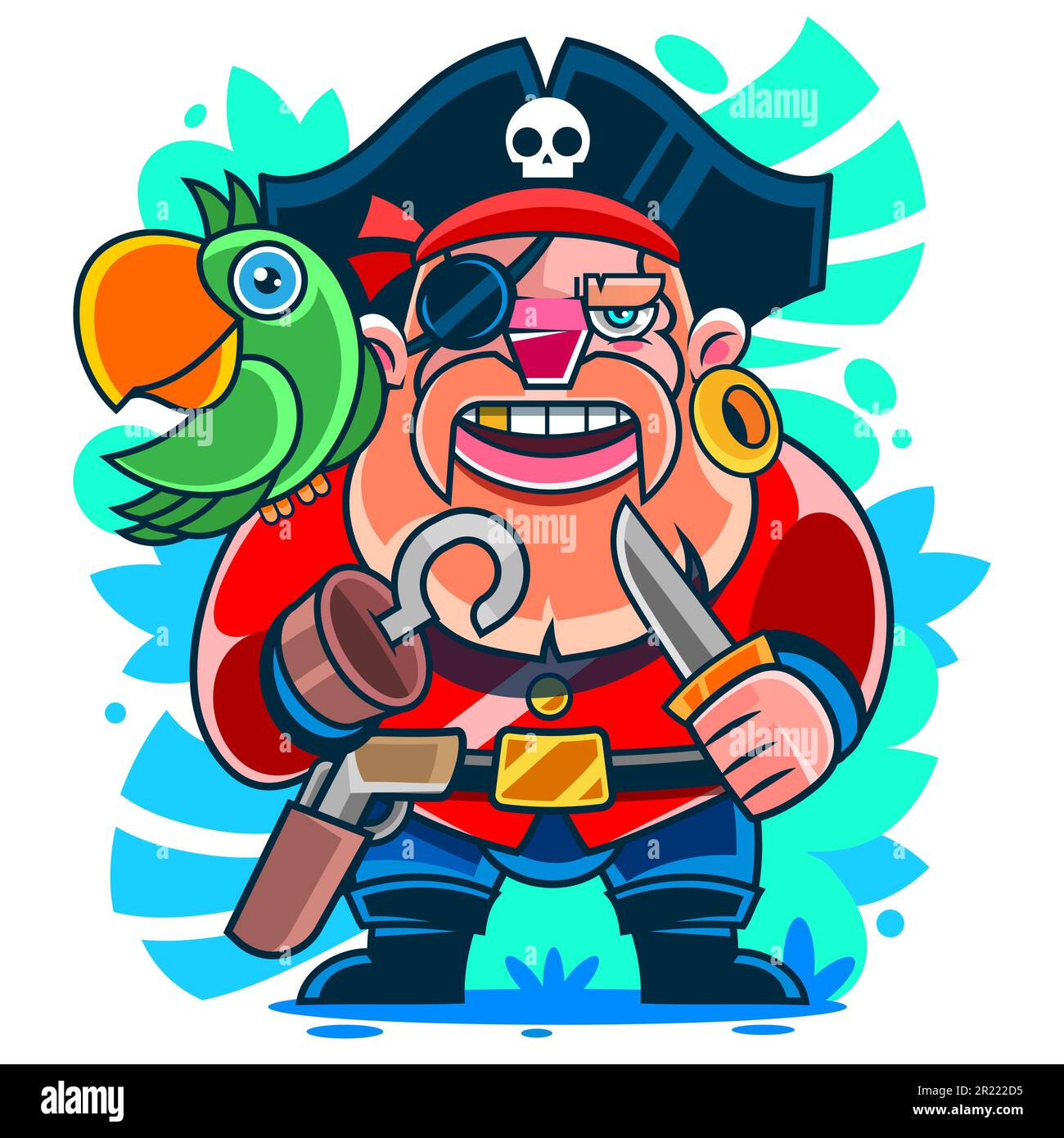 Pirate parrot holding a wooden sword. Vector clip art illustration with ...