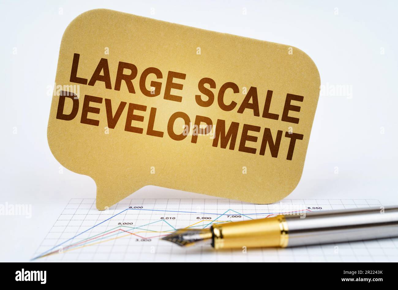 Business concept. On the business diagram is a pen and a sign with the ...