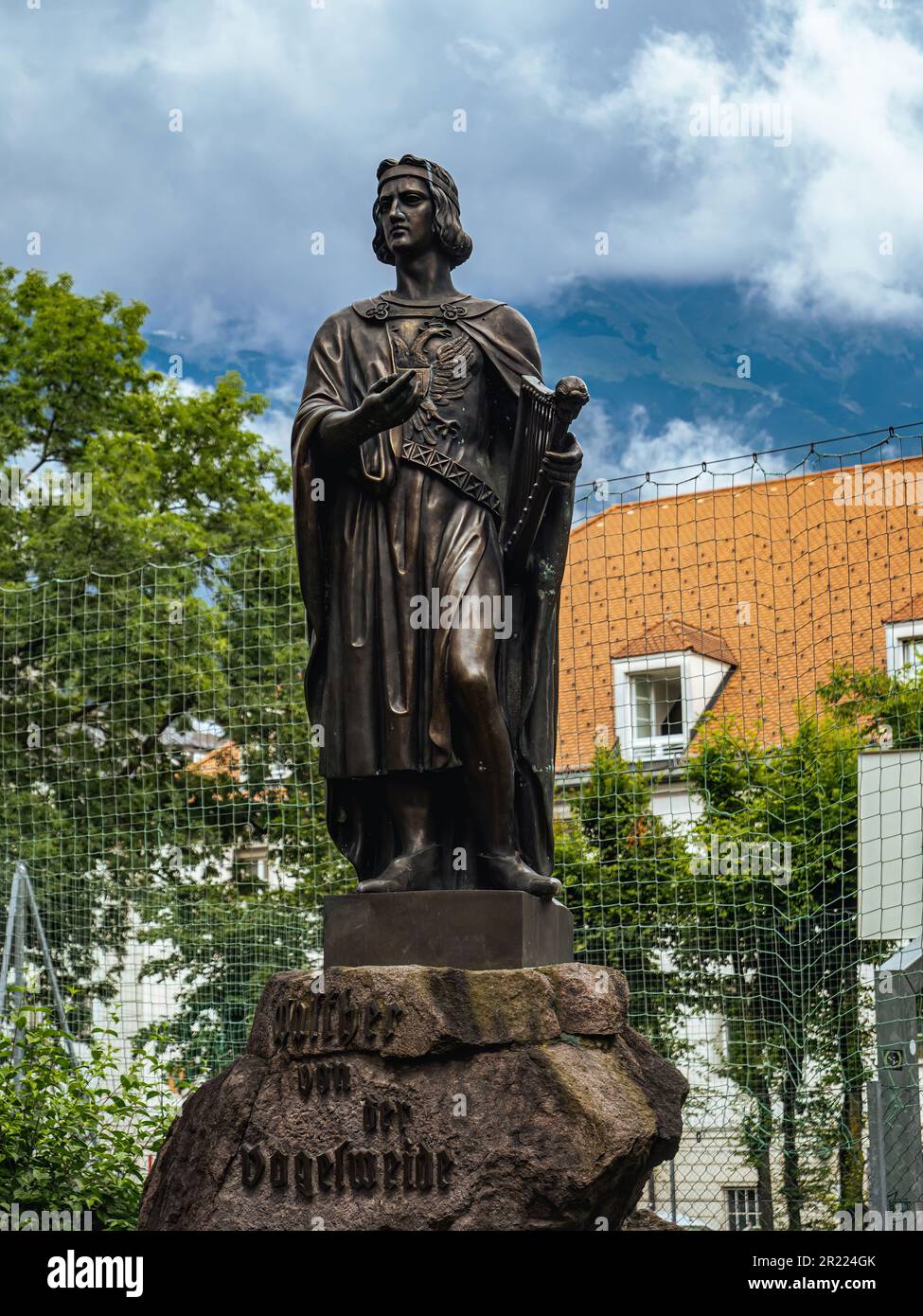 Bronze statue of medieval poet singer Walter von der Vogelweide in ...
