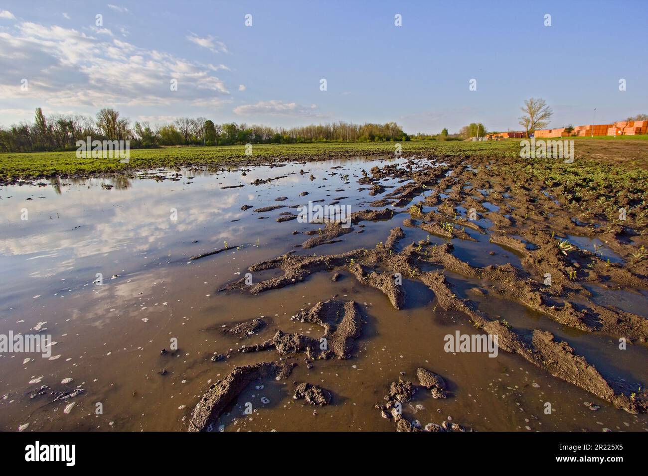 the flooded field in the agricultural landscape after spring rains ...
