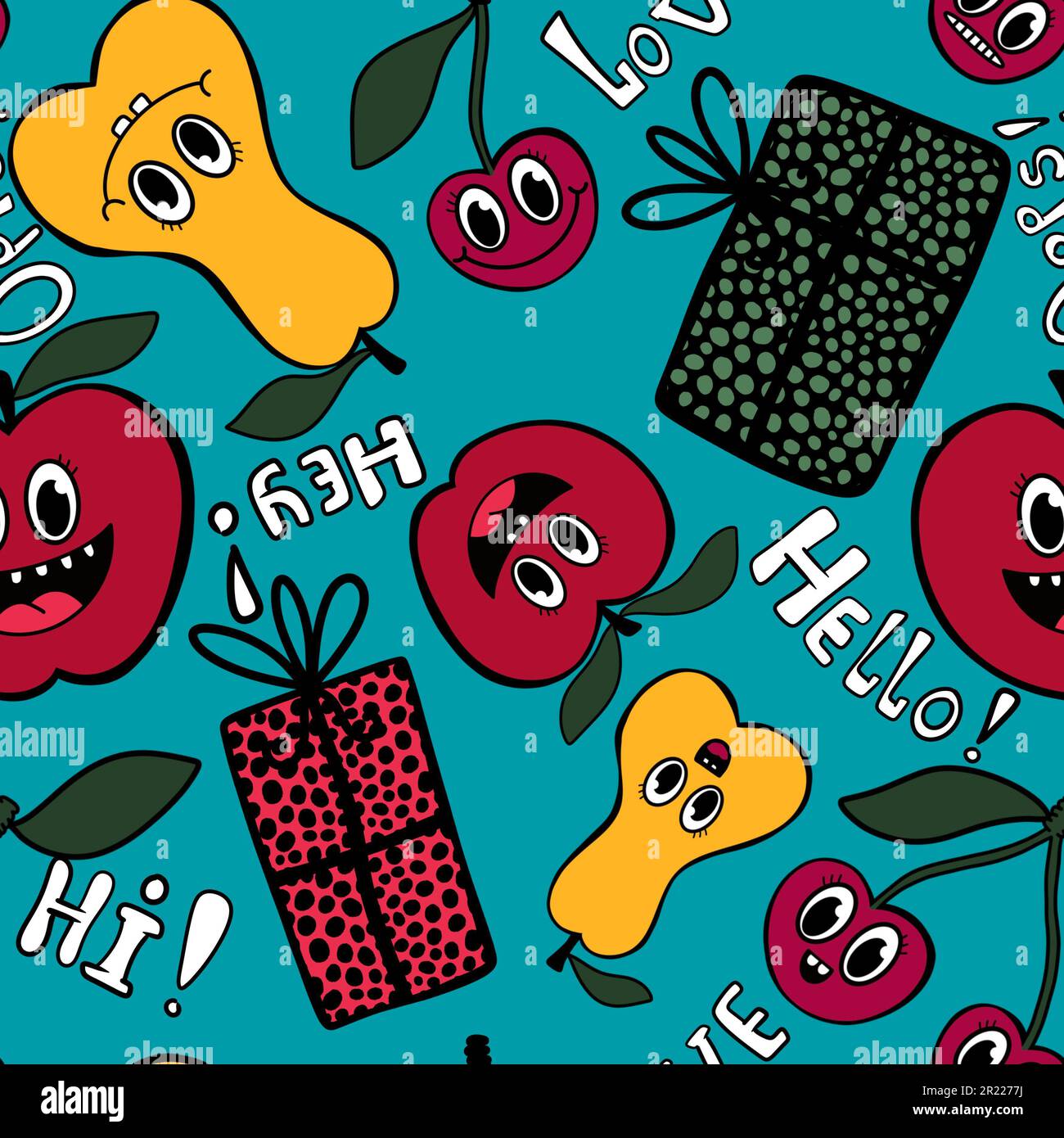 Retro cartoon fruit seamless apples and cherry and pears and gift box ...