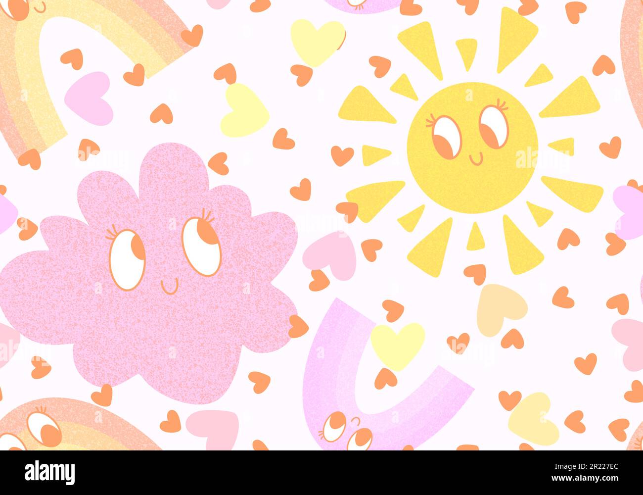 Retro summer cartoon seamless sun and rainbow and clouds pattern for ...