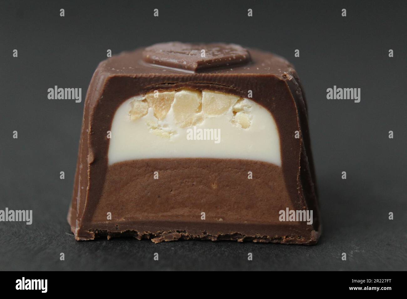 Chocolate body candy cut with praline filling, chocolate, fudge ...