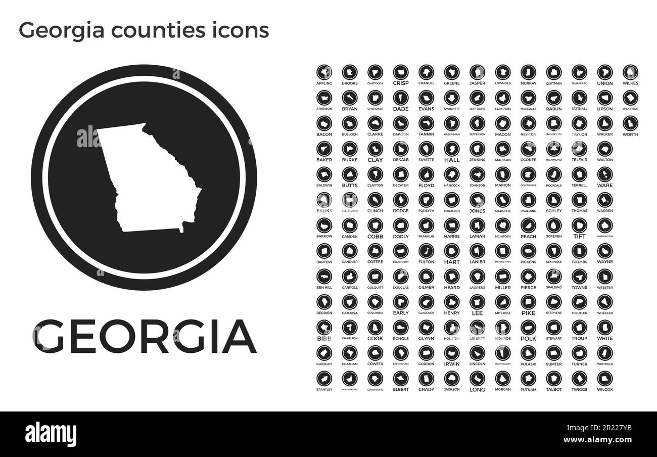 Georgia counties icons. Black round logos with US state counties maps ...