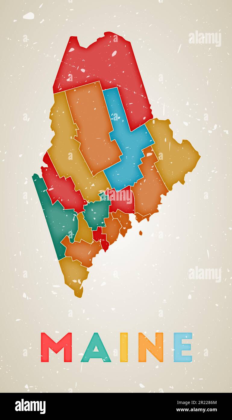 Maine map. US state poster with colored regions. Old grunge texture ...